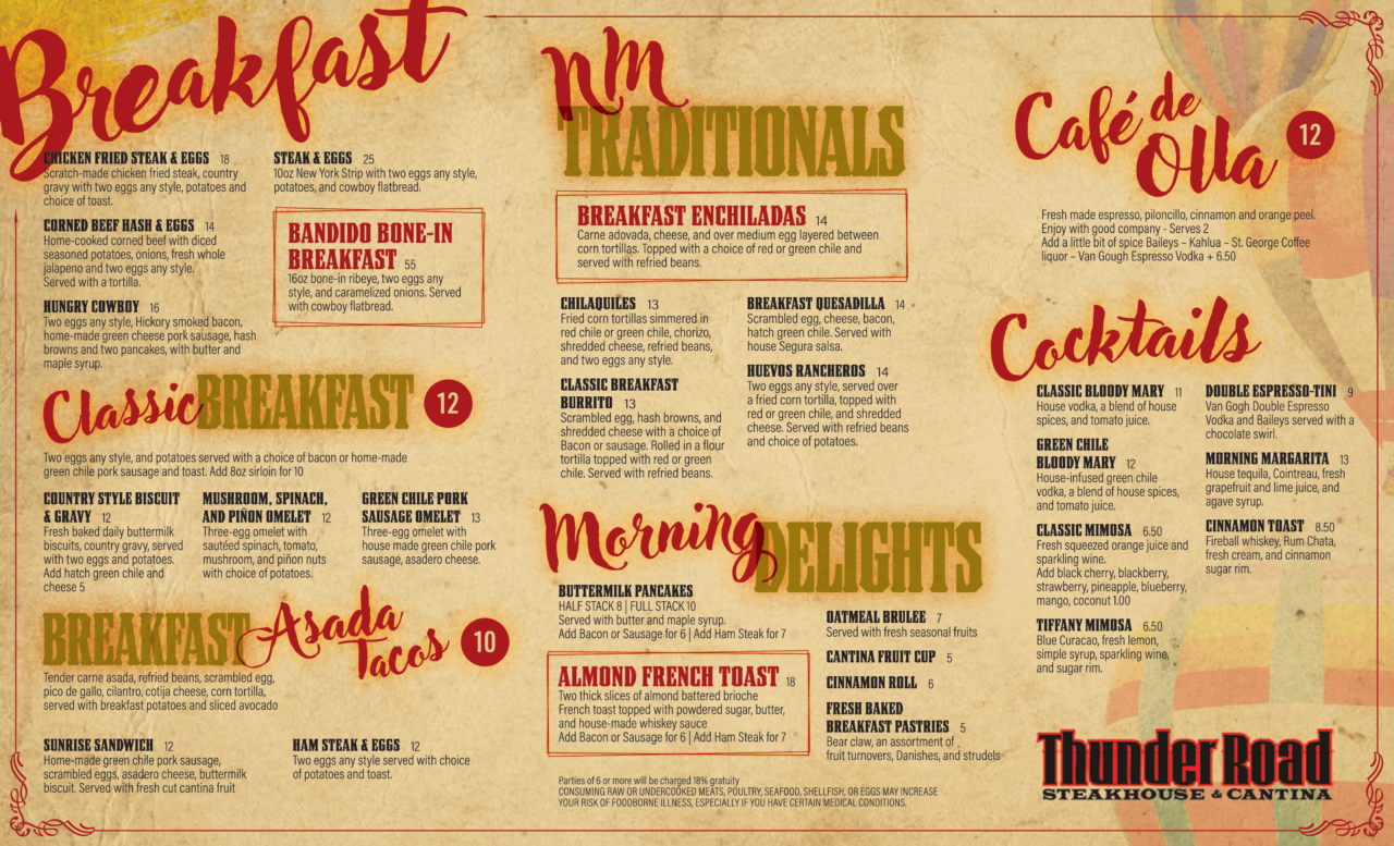 Thunder Road Breakfast & Lunch Menu - Route 66 Casino Hotel